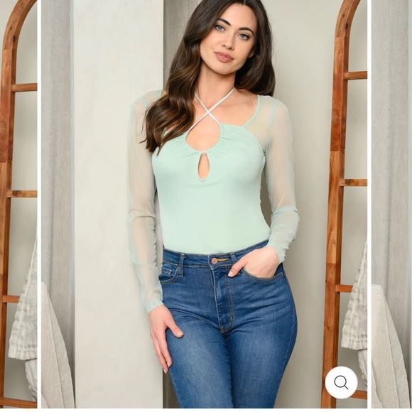 Tops | New Athenabodysuitlong Sleeve Mesh Top Sage Green | Poshmark